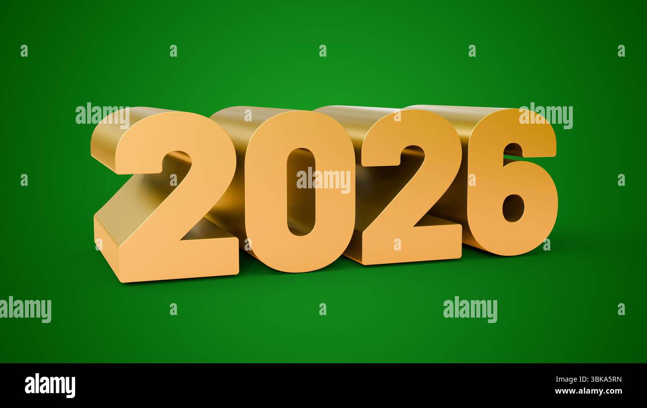 2026 golden bold letters symbol 3d illustration on green background ...
