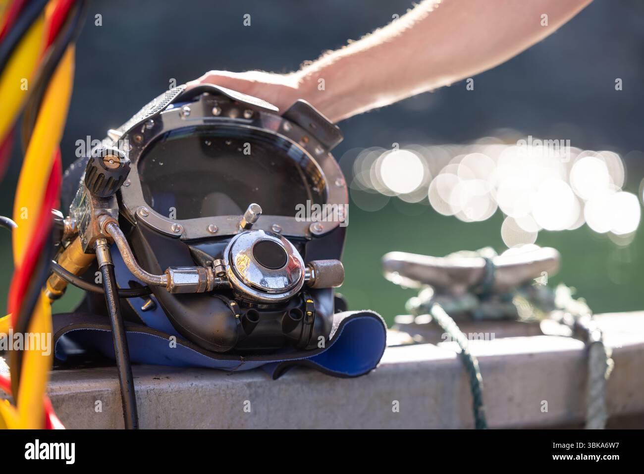 Close up of commercial diving helmet on the boat Stock Photo - Alamy