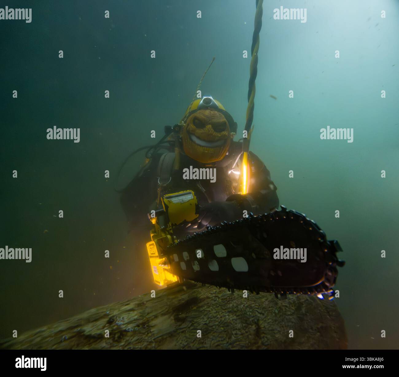 Commercial diver cutting log underwater with chainsaw closeup Stock ...