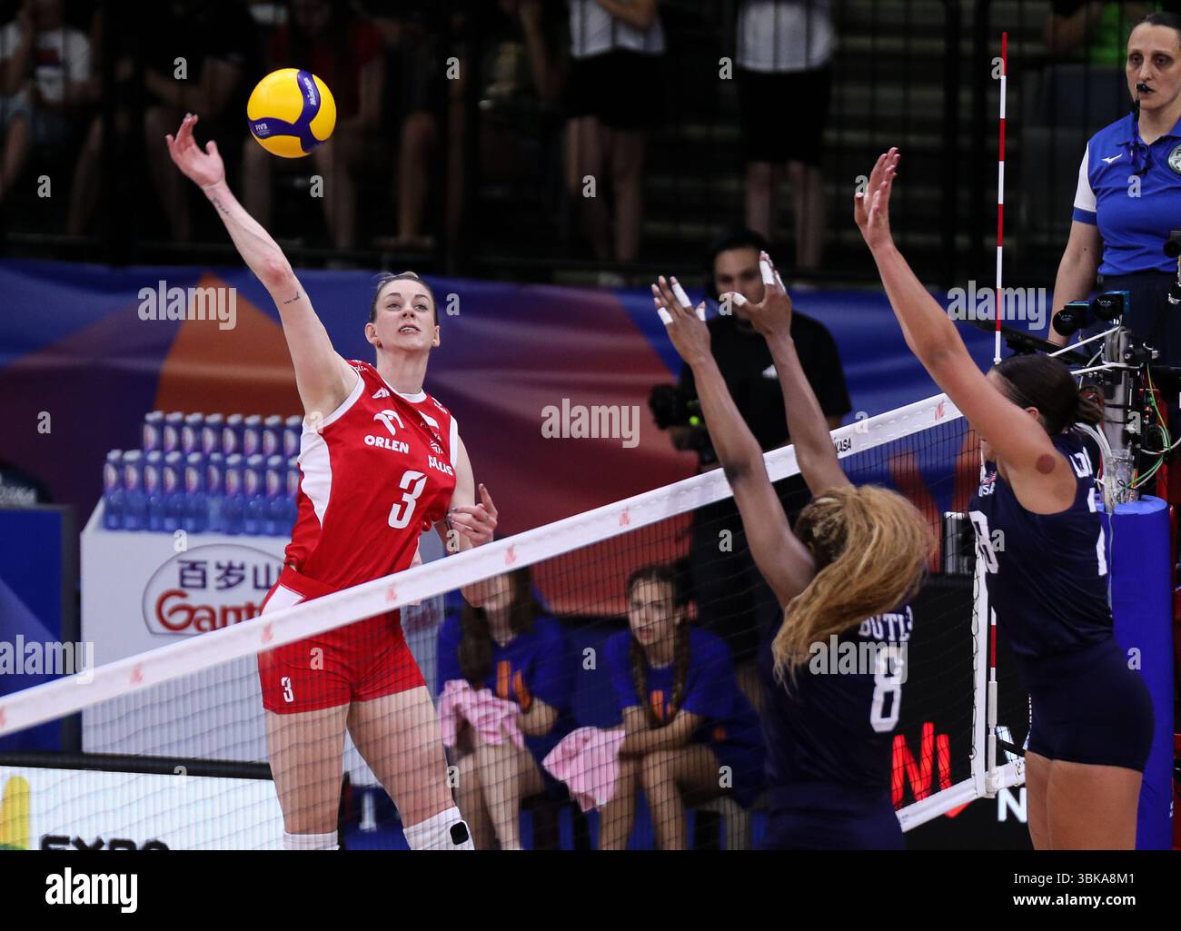 Belgrade, Serbia. 19th Jun, 2025. Magdalena Stysia of Poland spikes the ...