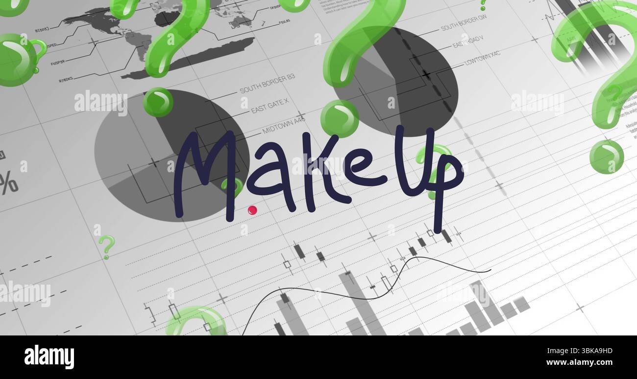 Showing central MakeUp text over infographic grid, with green question ...