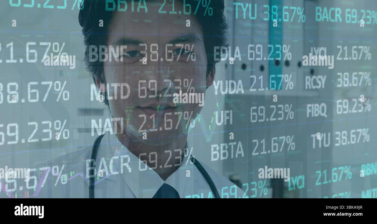 Standing mid adult Japanese doctor displaying ticker overlays in clinic ...