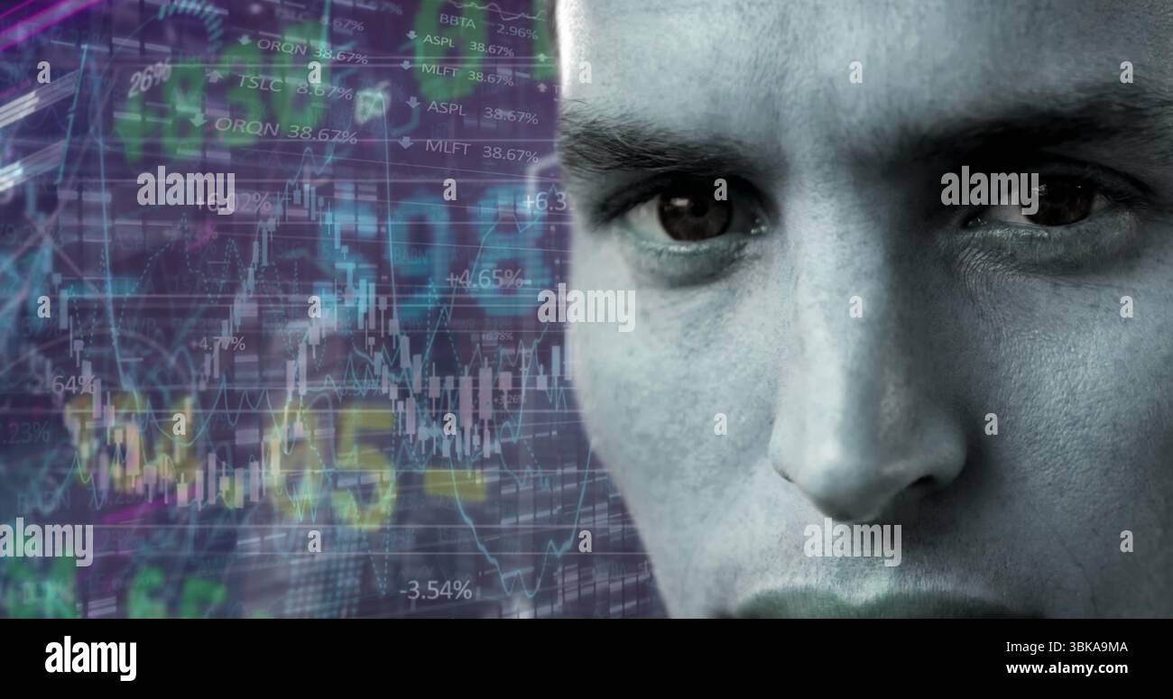 Displaying man examining candlestick chart overlay, scrolling tickers at trading desk, copy ...