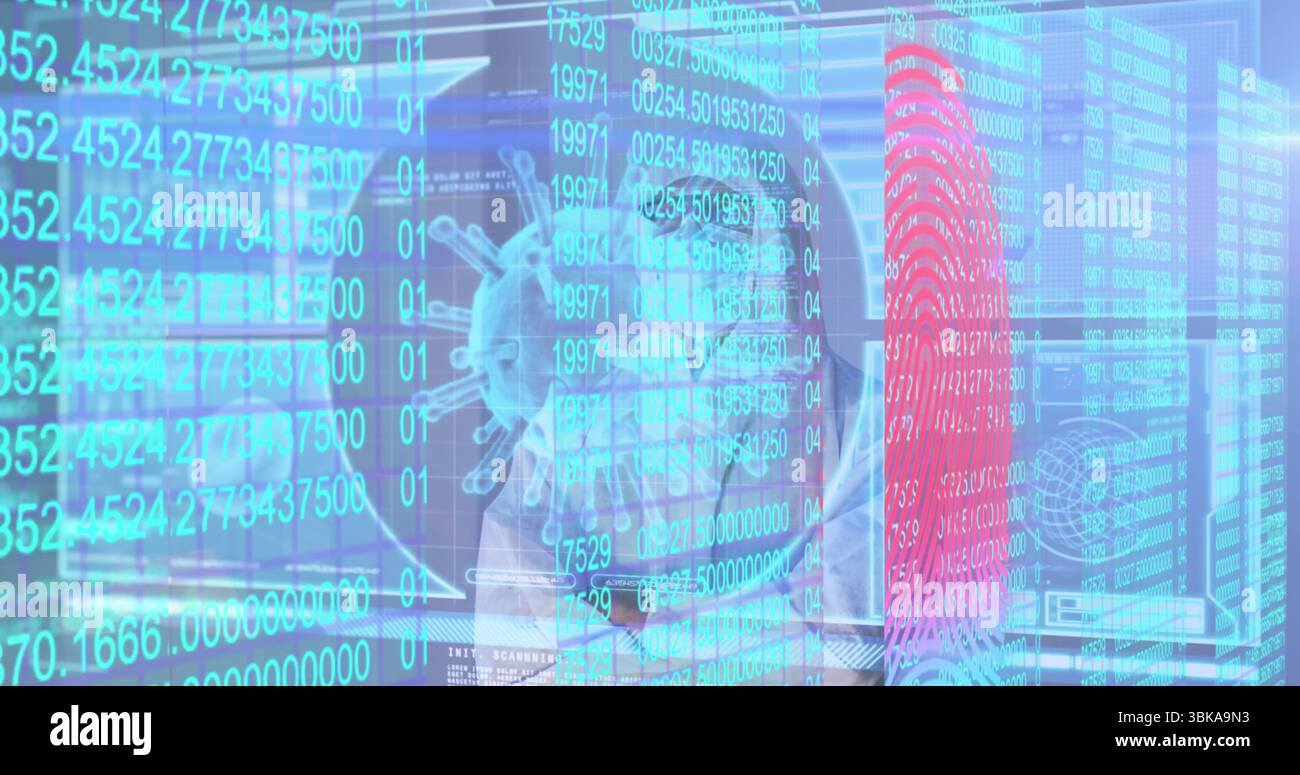 Specialist in suit monitoring panels at cybersecurity lab, with virus ...