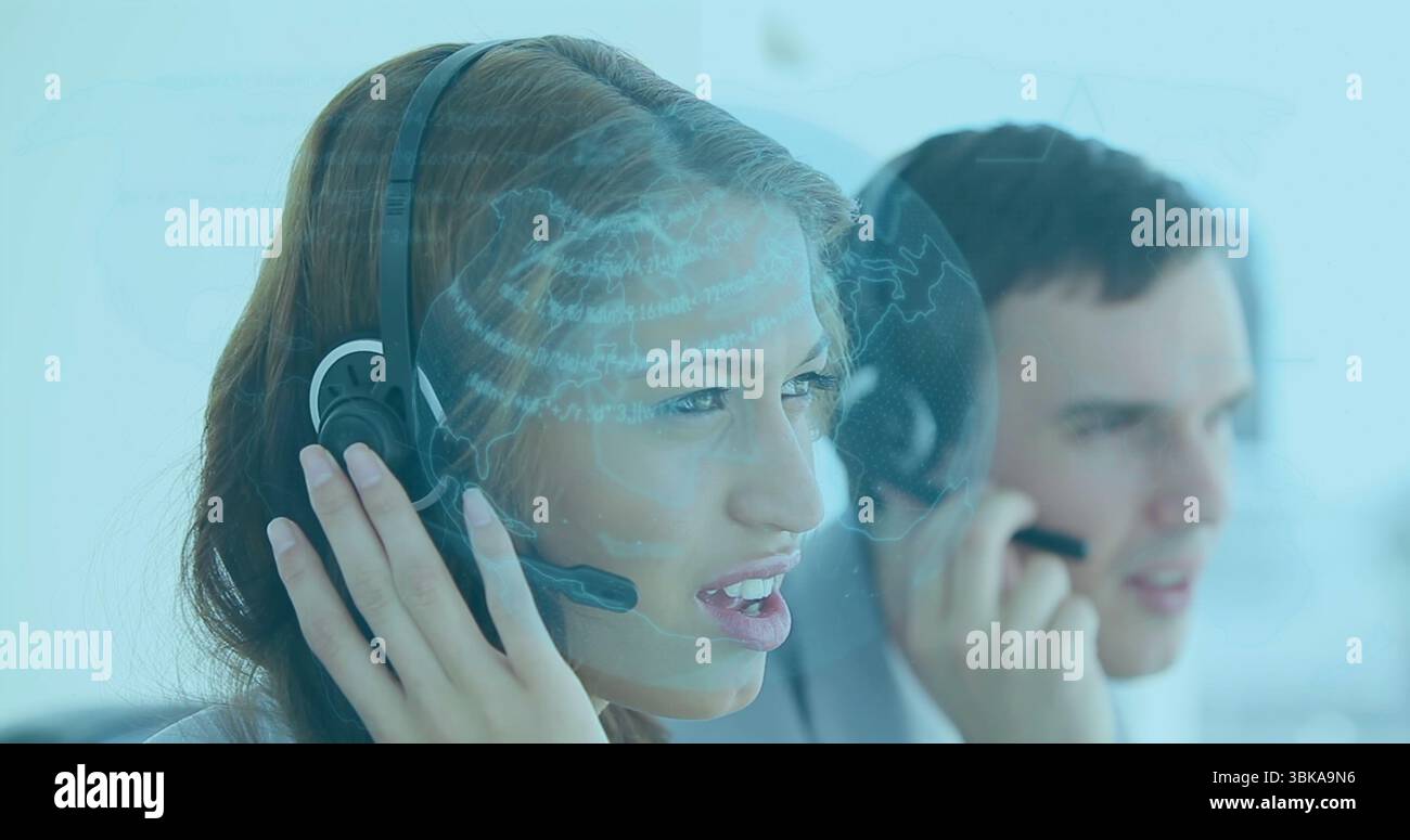 Call center agent wearing shirt and headset handling customer call in ...