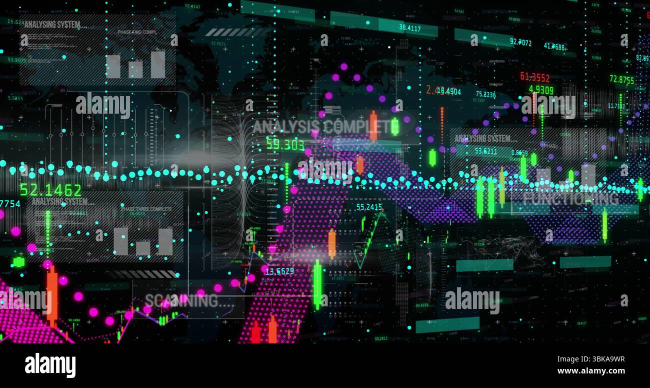 Displaying multicolored candlestick and dotted trend charts on trading dashboard, with world map ...