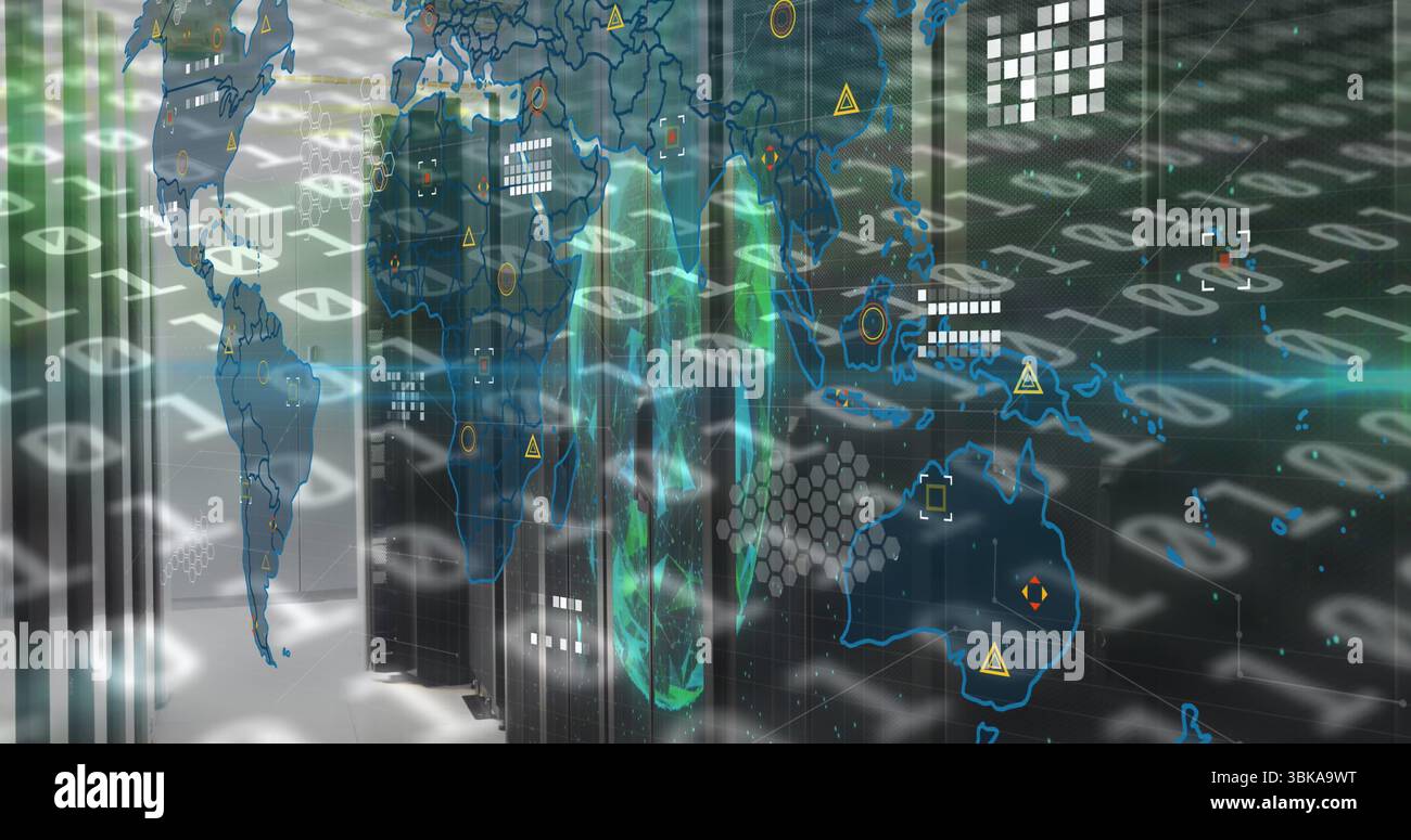 Displaying black server cabinets in high-tech server room, with binary ...