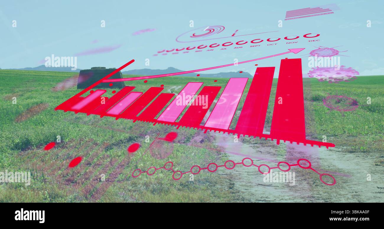 Digital AR data display appearing over rural grassland, showing red 3D ...