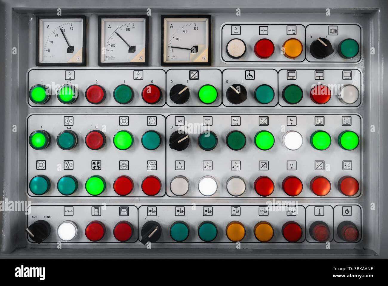 Old control panel with glowing buttons closeup Stock Photo - Alamy