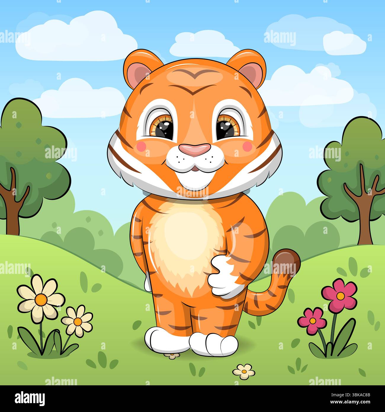 Cute cartoon Tiger in nature. Vector illustration of an animal with red ...