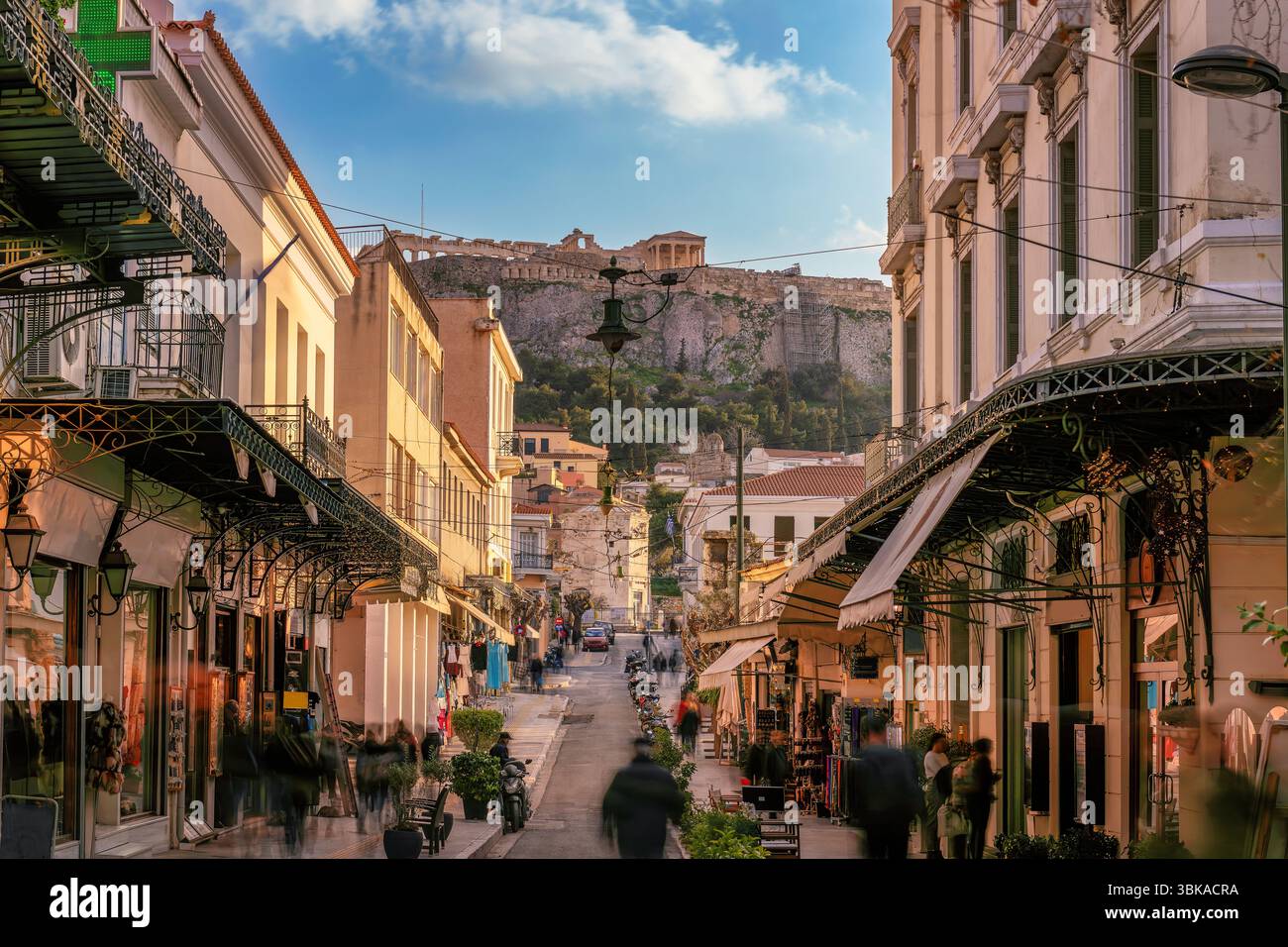 Old Greek street at sunset in Plaka district, Athens, Greece Stock ...