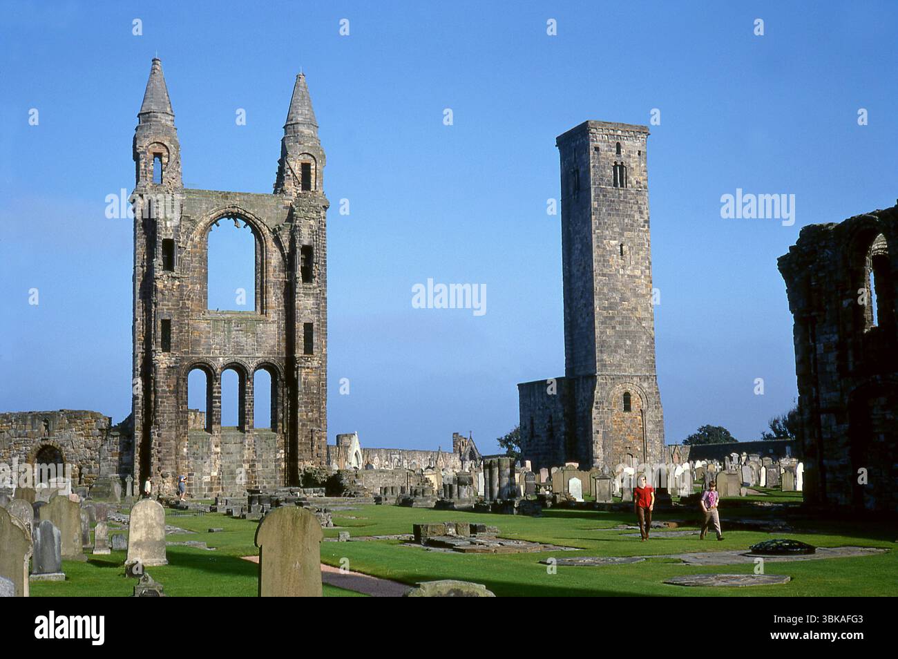 Scotland in the 1970s - People exploring St Rule's Tower and the ruins ...