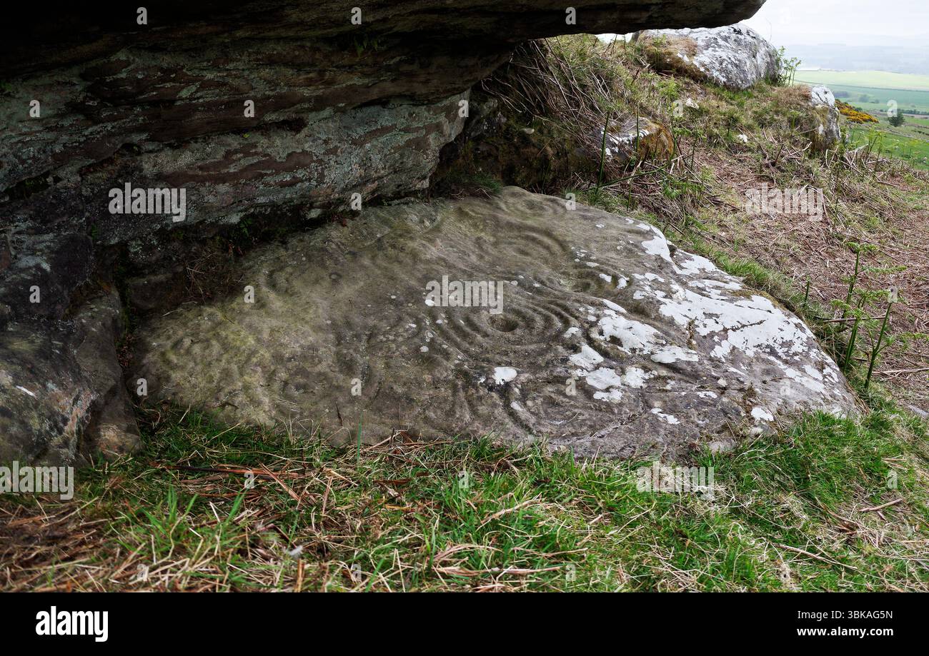 Ketley Crag prehistoric cup and ring marks in rock shelter near Belford ...