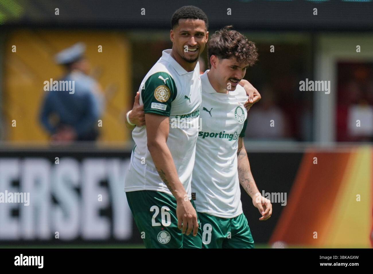 Palmeiras' Murilo, left, and Richard Rios0 embrace after a goal during ...