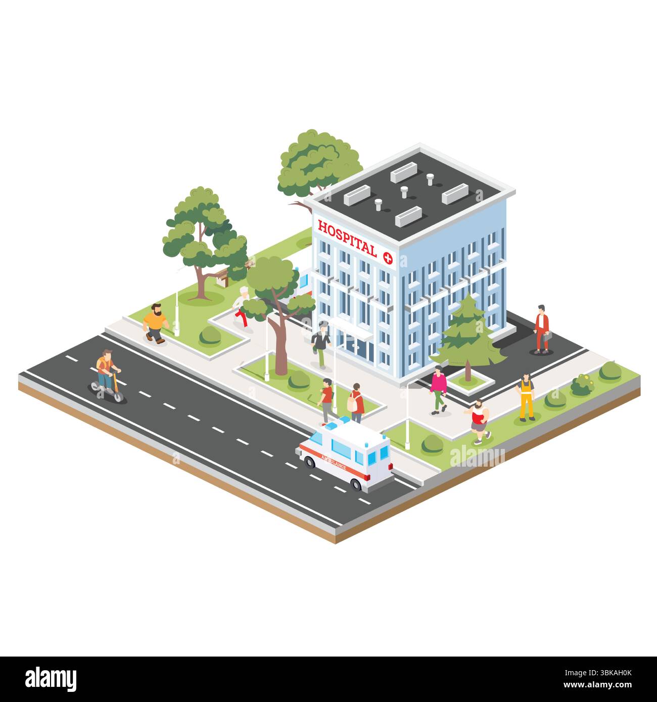 City hospital with people, trees, an ambulance, and a street. A modern ...