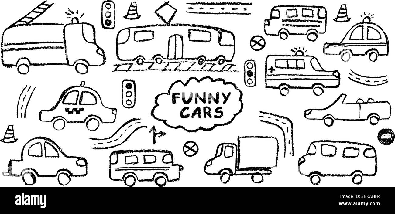 Funny cars set. Charming vector drawing of vehicles including tram ...