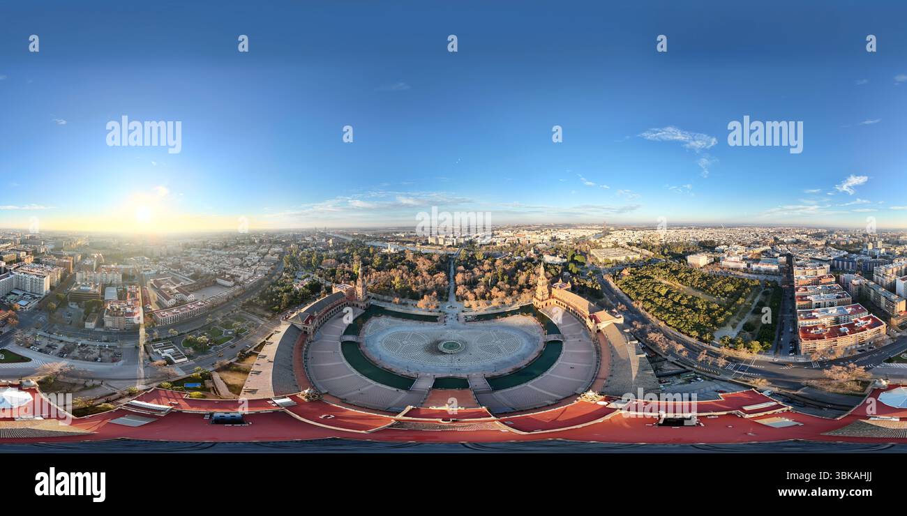 Panoramic aerial view of Plaza de España in Seville at sunrise ...
