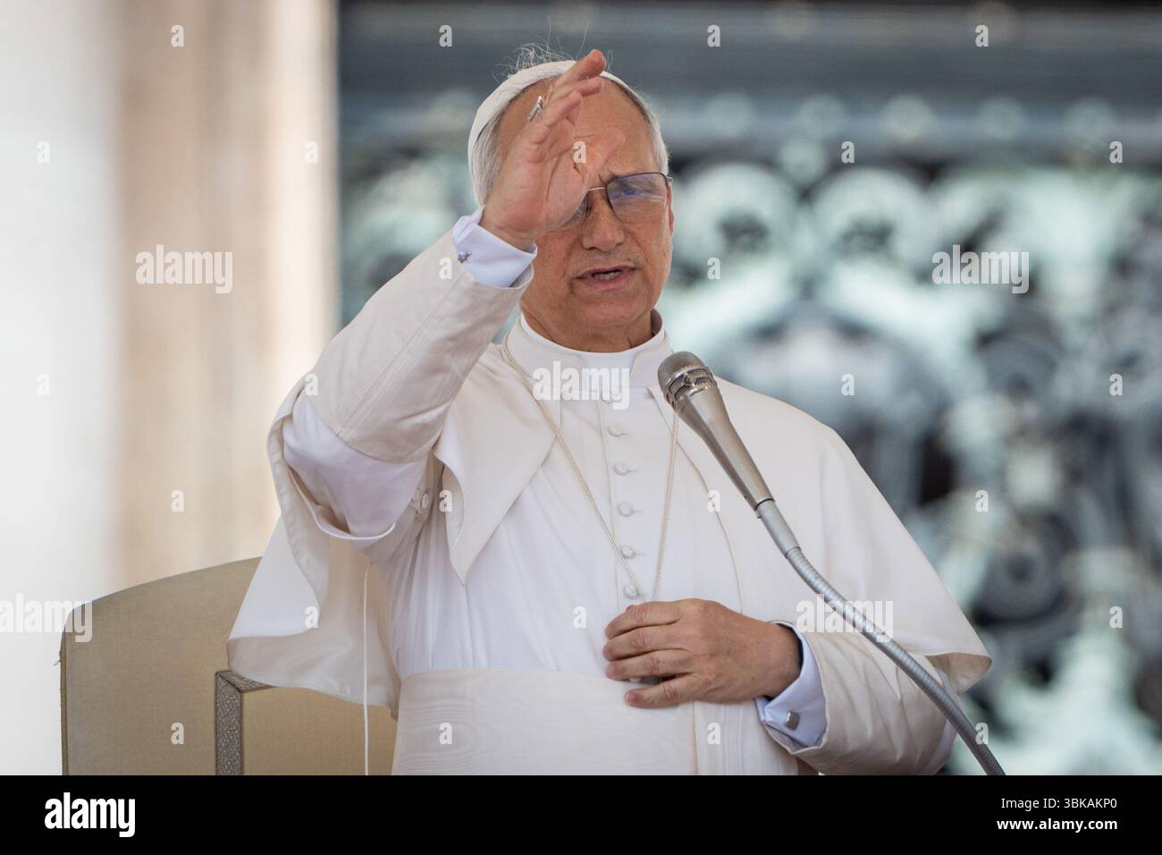 Pope Leo XIV delivers his blessing during the traditional Wednesday ...