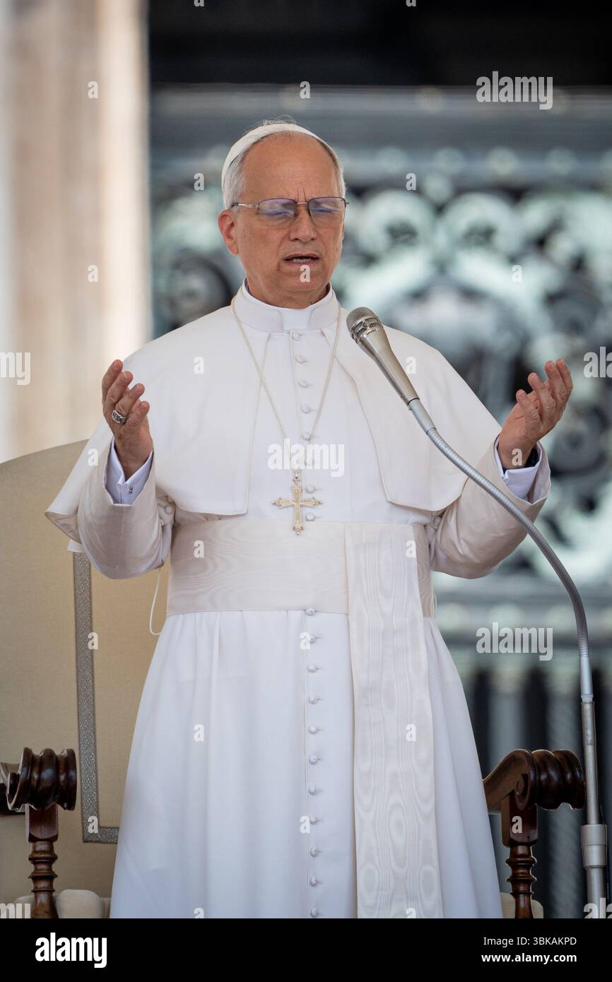 Pope Leo XIV delivers his speech during the traditional Wednesday ...