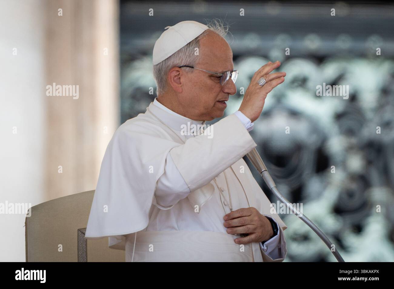 Pope Leo XIV delivers his blessing during the traditional Wednesday ...
