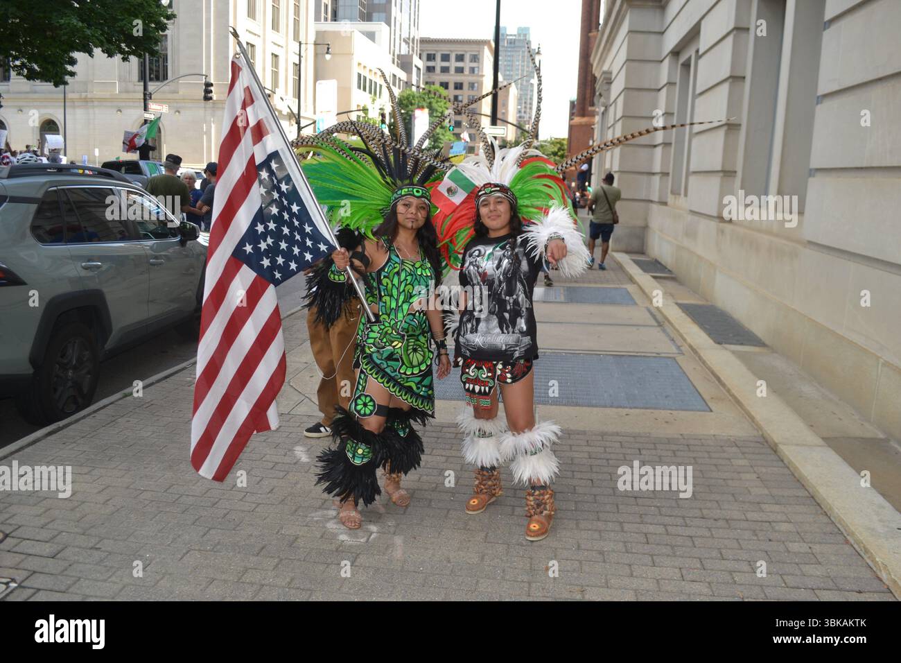 No Kings Rally Protesters in colorful, traditional Aztec dress in ...