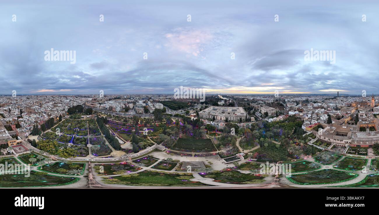 A panoramic aerial view of a historic cityscape with gardens and ...