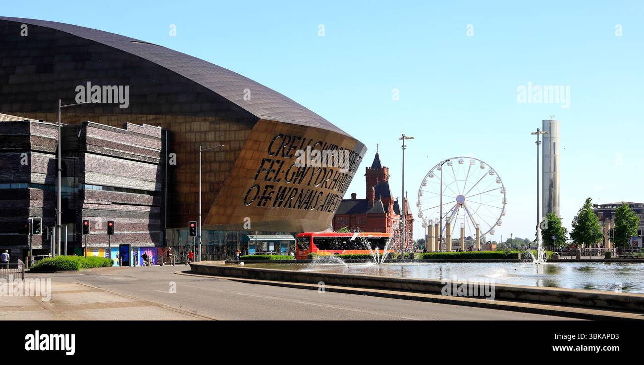 Cardiff Bay view with the Millennium Centre, Pierhead building, Ferris ...