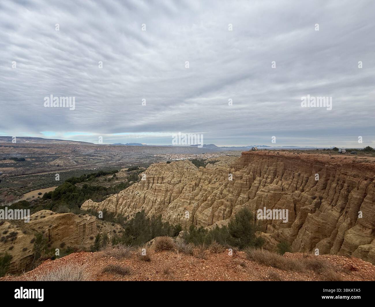 Arid badlands landscape with eroded hills, pine trees, and distant ...