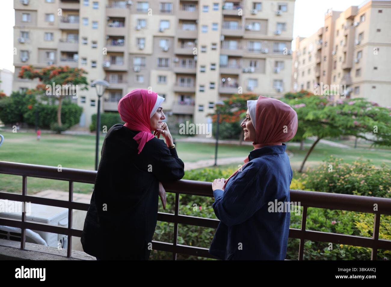 Cairo, Egypt. 19th June, 2025. Palestinian teachers Hana Al-Tabbaa (L) and Jowan Abu Shaaban ...