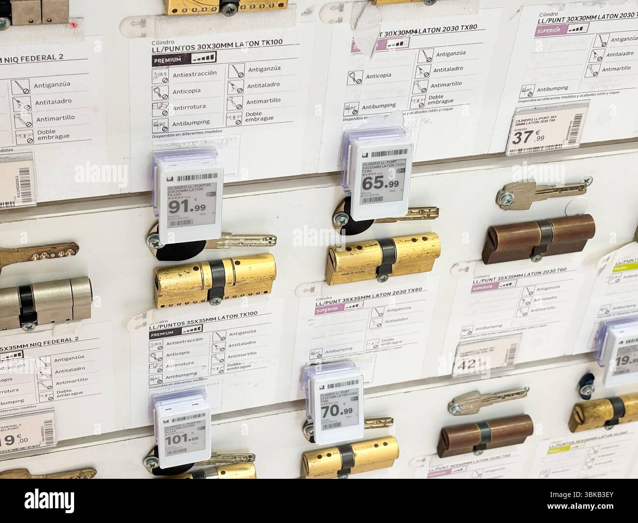 Alicante, Spain - June 18, 2025: Display of multiple door locks on ...