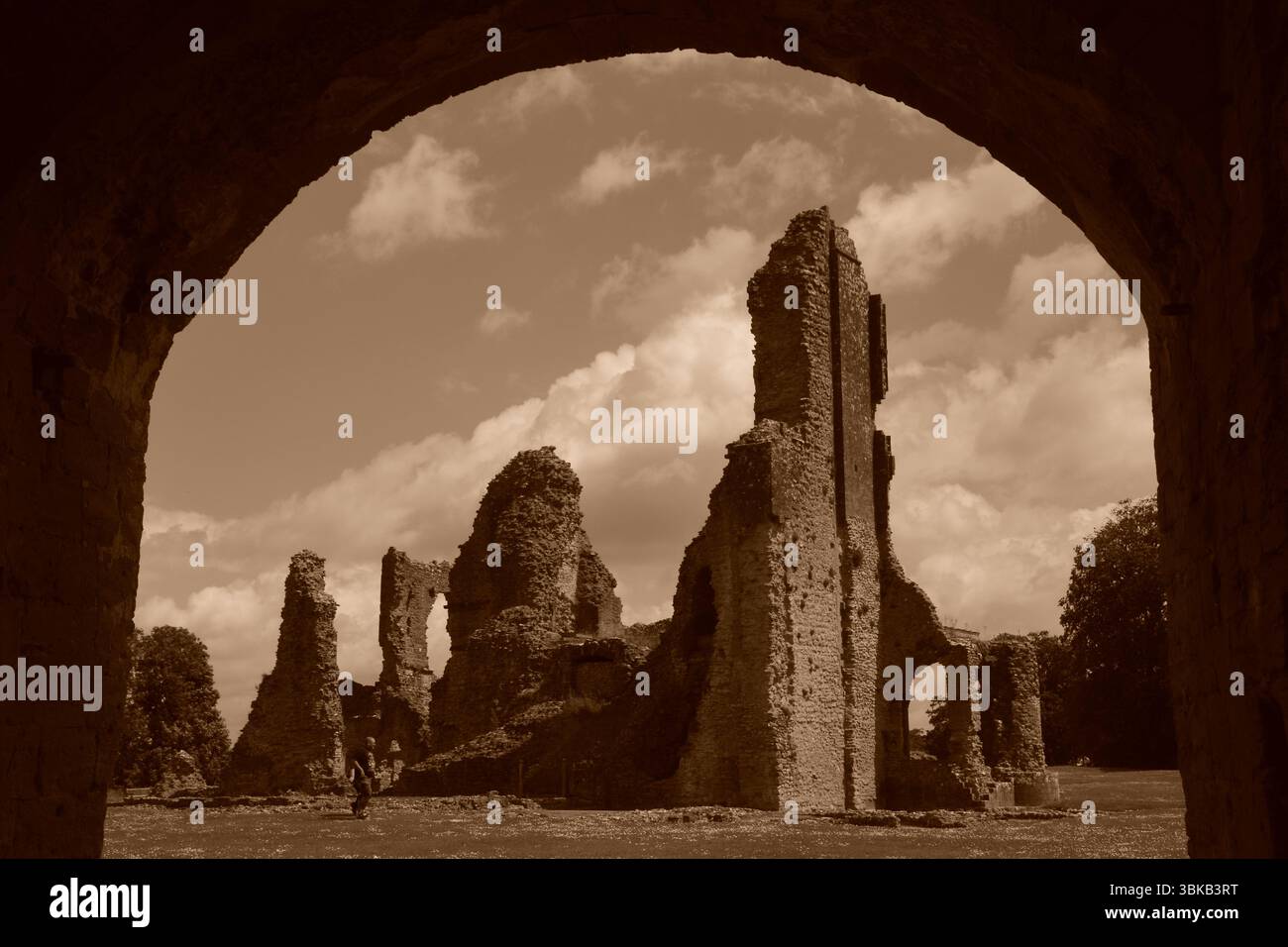 Sepia-toned view of Sherborne Old Castle, Dorset, England, seen through ...
