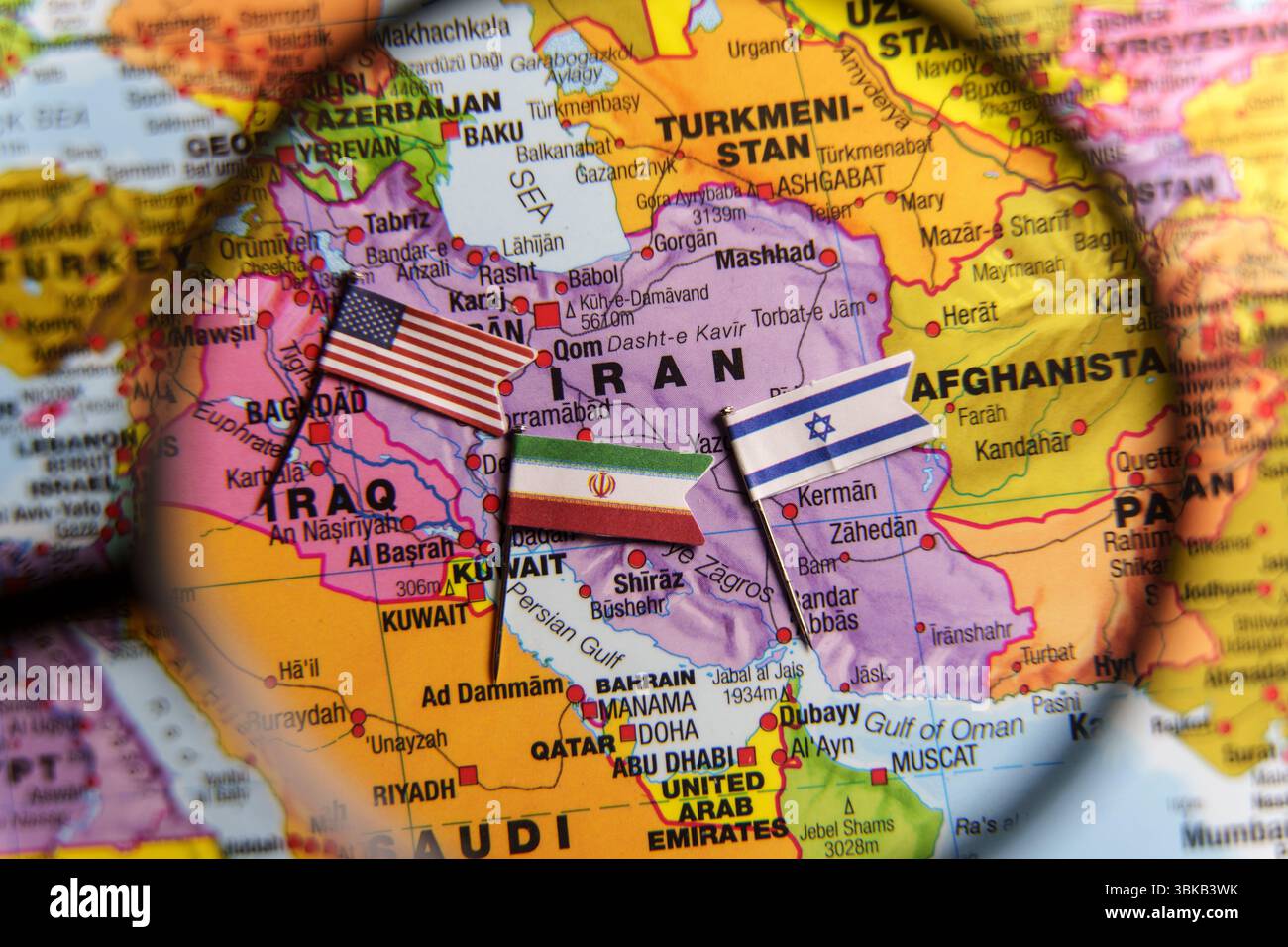 Map of Iran with USA, Israel, and Iran flags under magnifying glass ...
