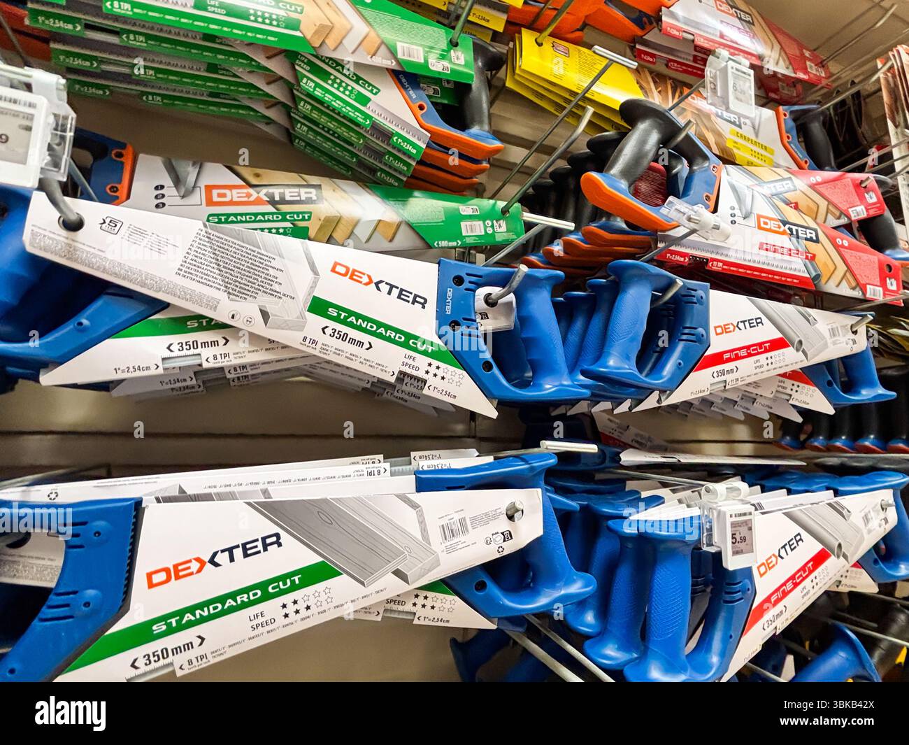 Alicante, Spain - June 18, 2025: Dexter hand saws arranged on a store ...