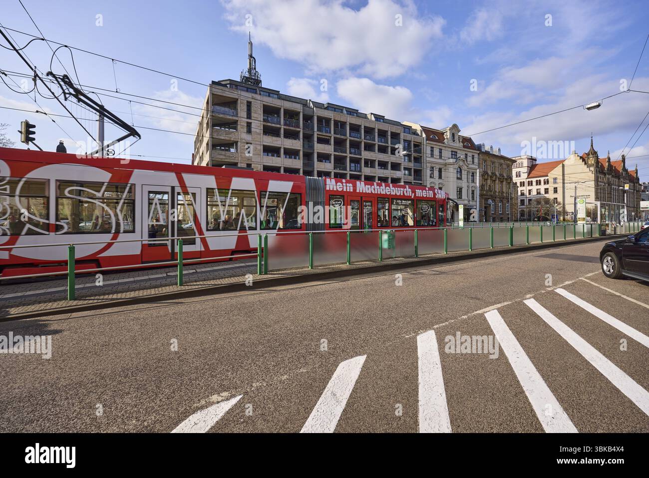 Tram stop Domplatz, overhead lines, tram, street, general architecture ...