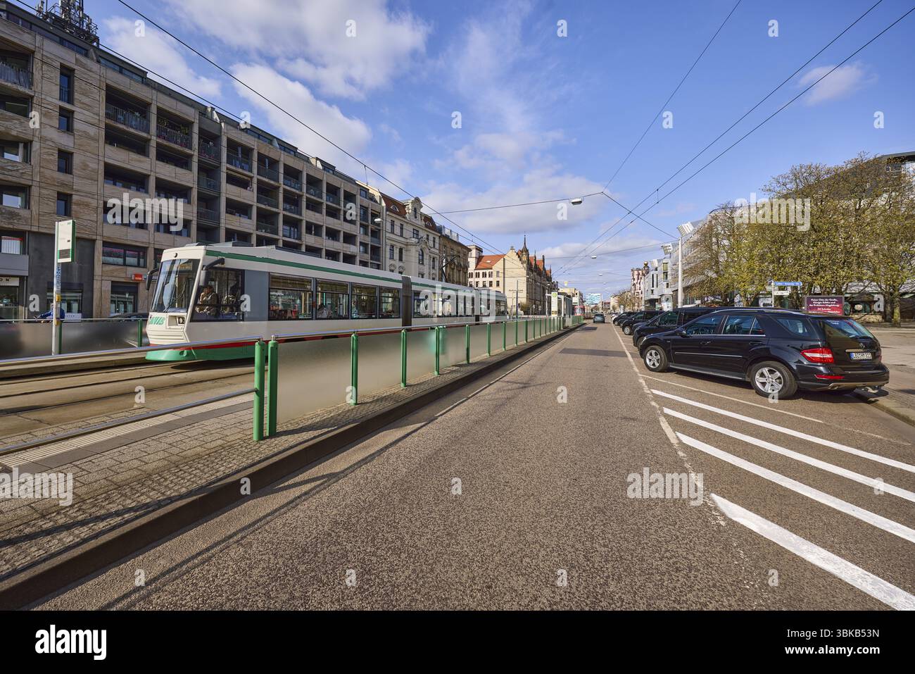 Domplatz tram stop, tram, overhead lines, tram tracks, parking boxes ...