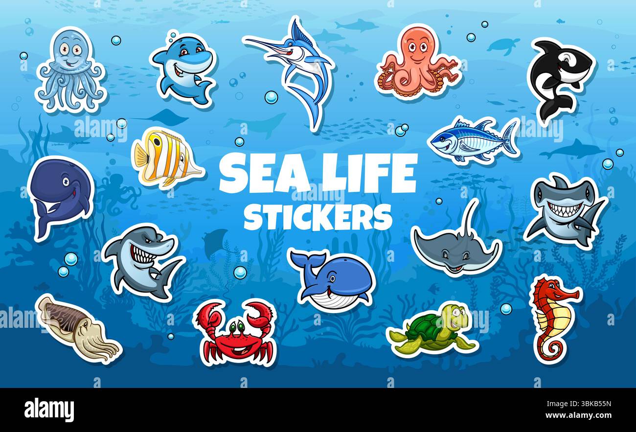Cartoon sea animals and fish stickers pack at underwater landscape ...