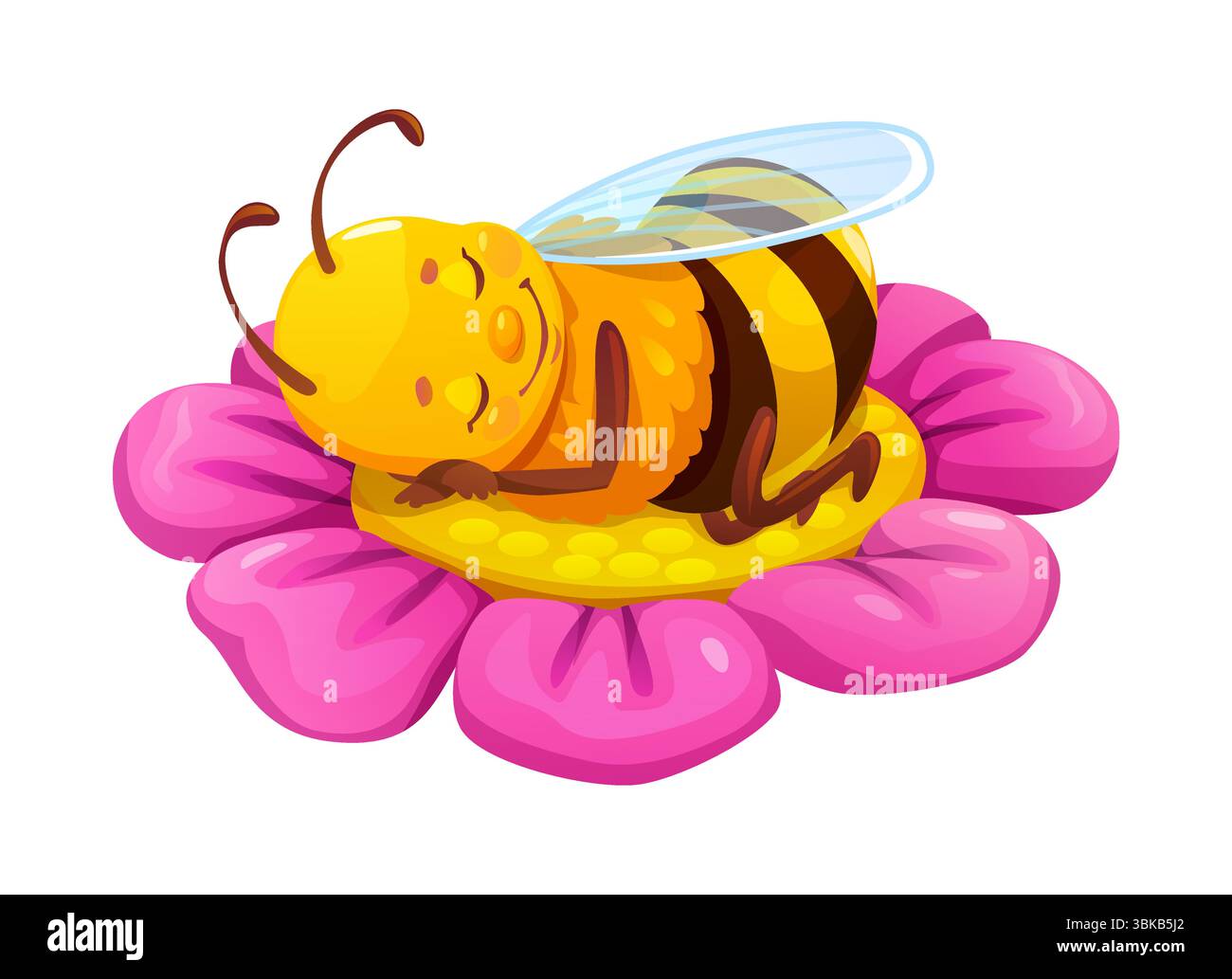 Cartoon honey bee character sleeping on garden flower. Vector cute bee ...