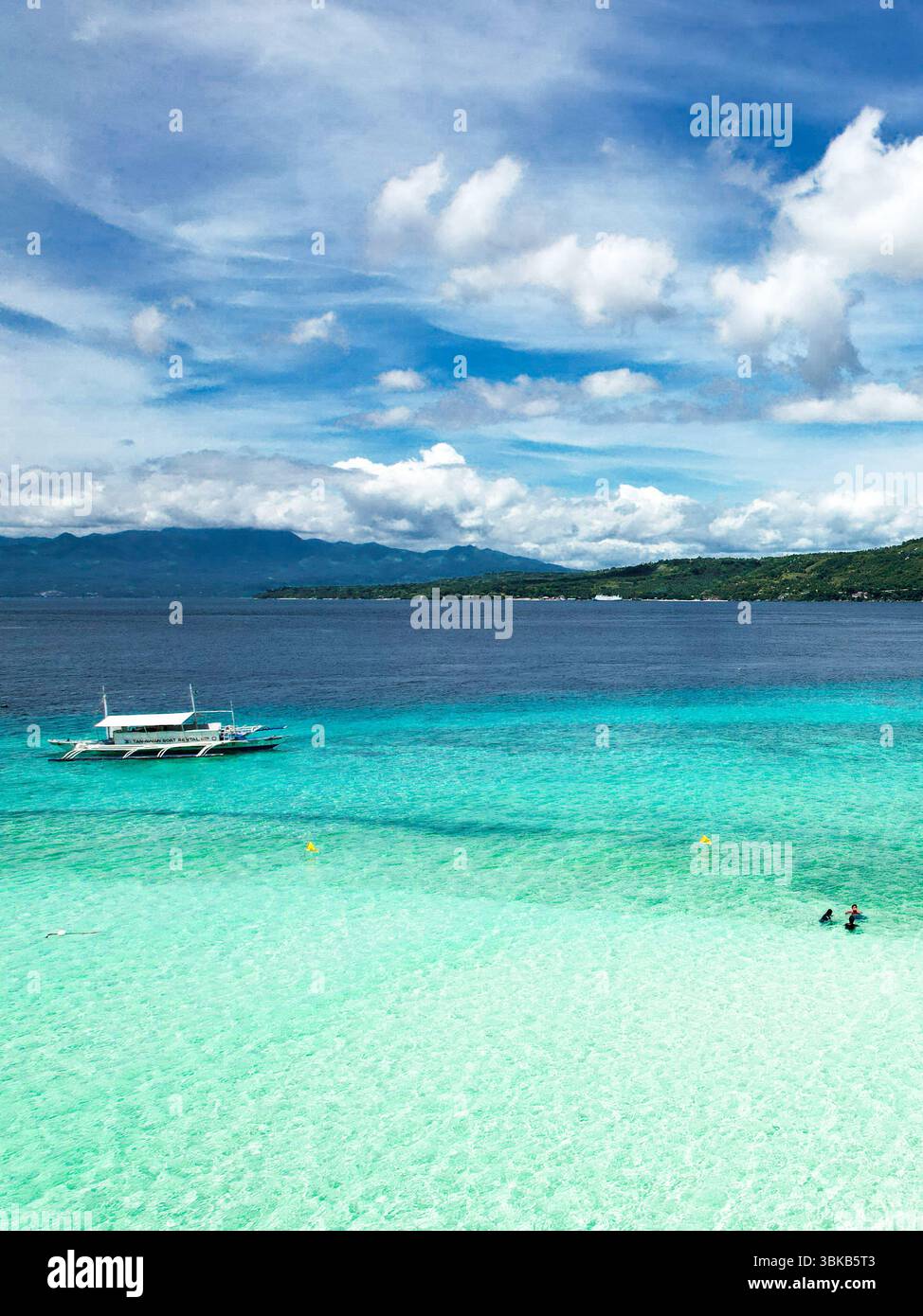 Turquoise water, coral reef, lush mangroves. Aerial view of Sumilon ...