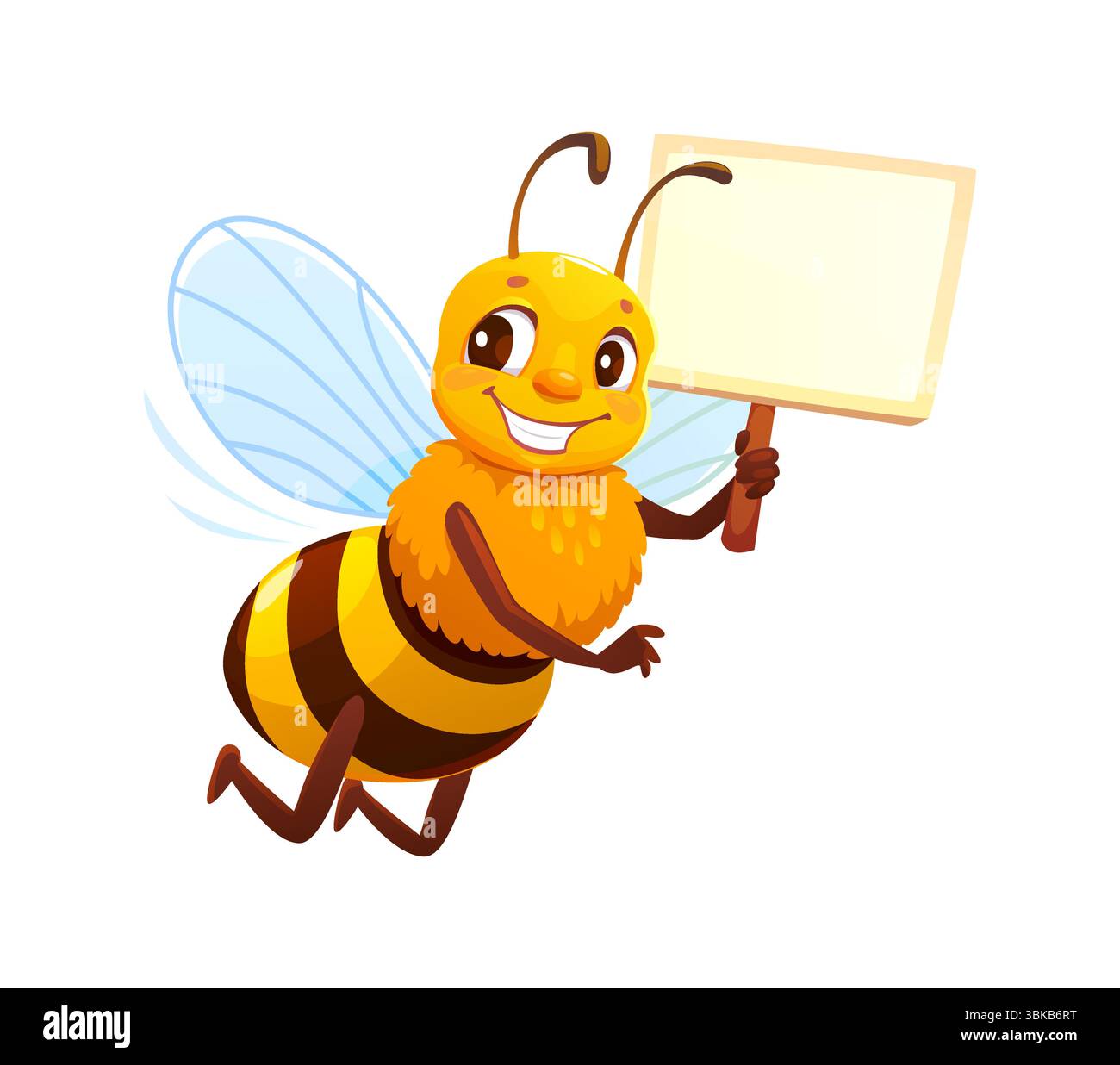 Cartoon honey bee character with signboard. Vector smiling flying ...