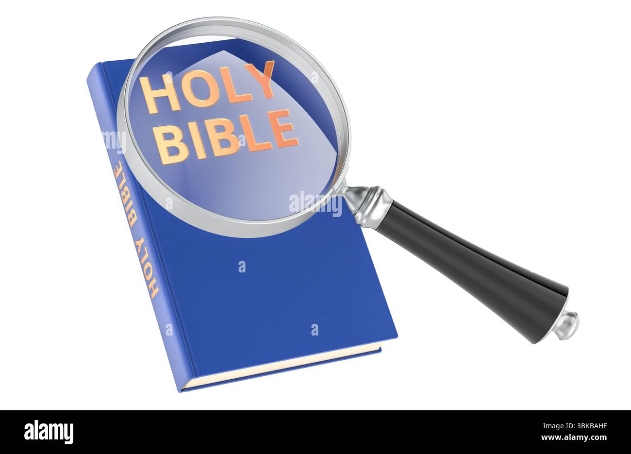Bible study concept. Magnifying glass on holy bible. 3D rendering ...