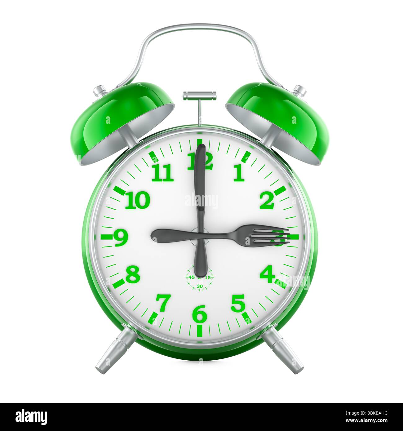 Meal time or intermittent fasting, concept. Alarm clock with fork and ...