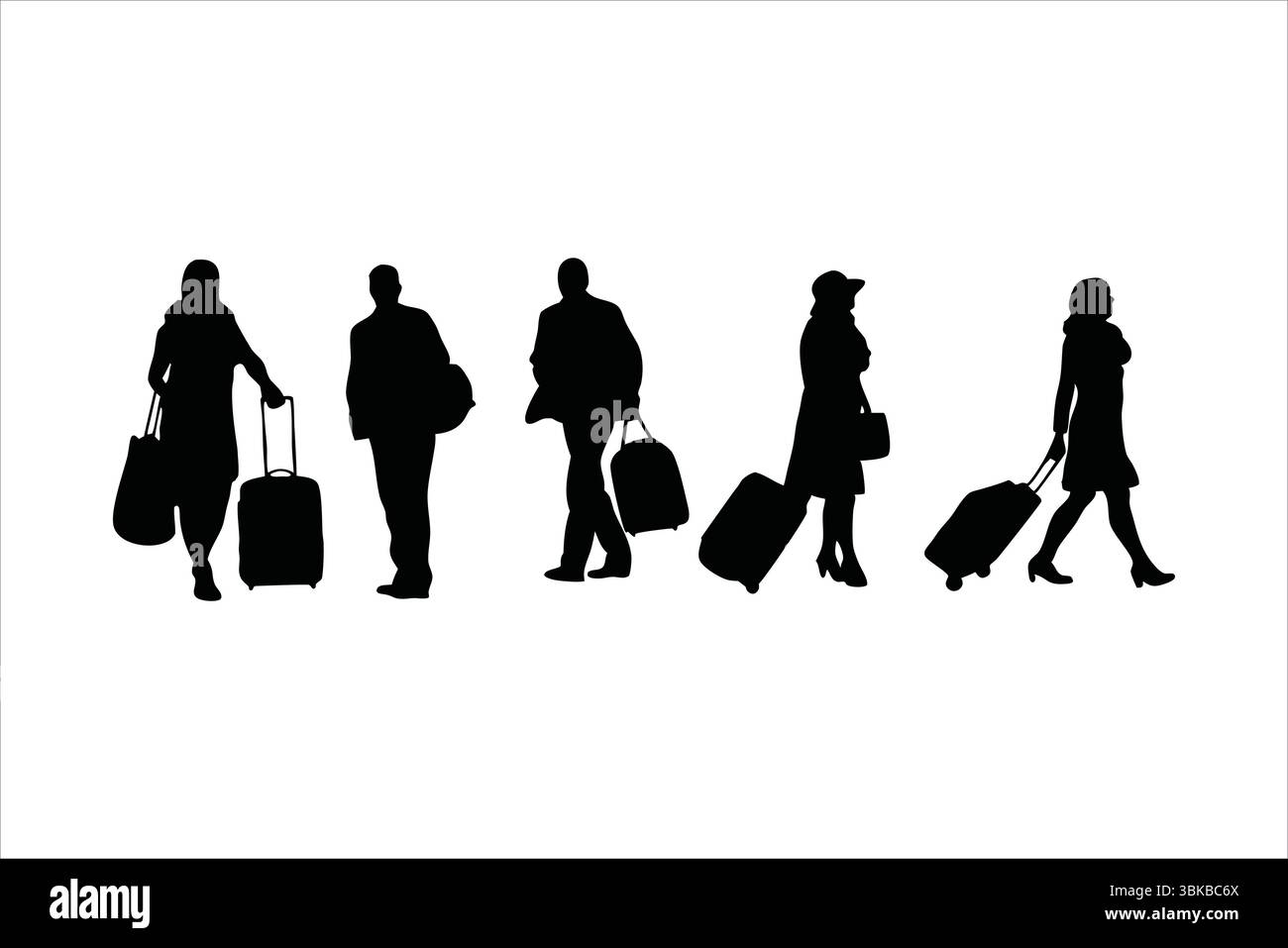 Travelers with Luggage Silhouettes - Airport Passengers Vector Set ...