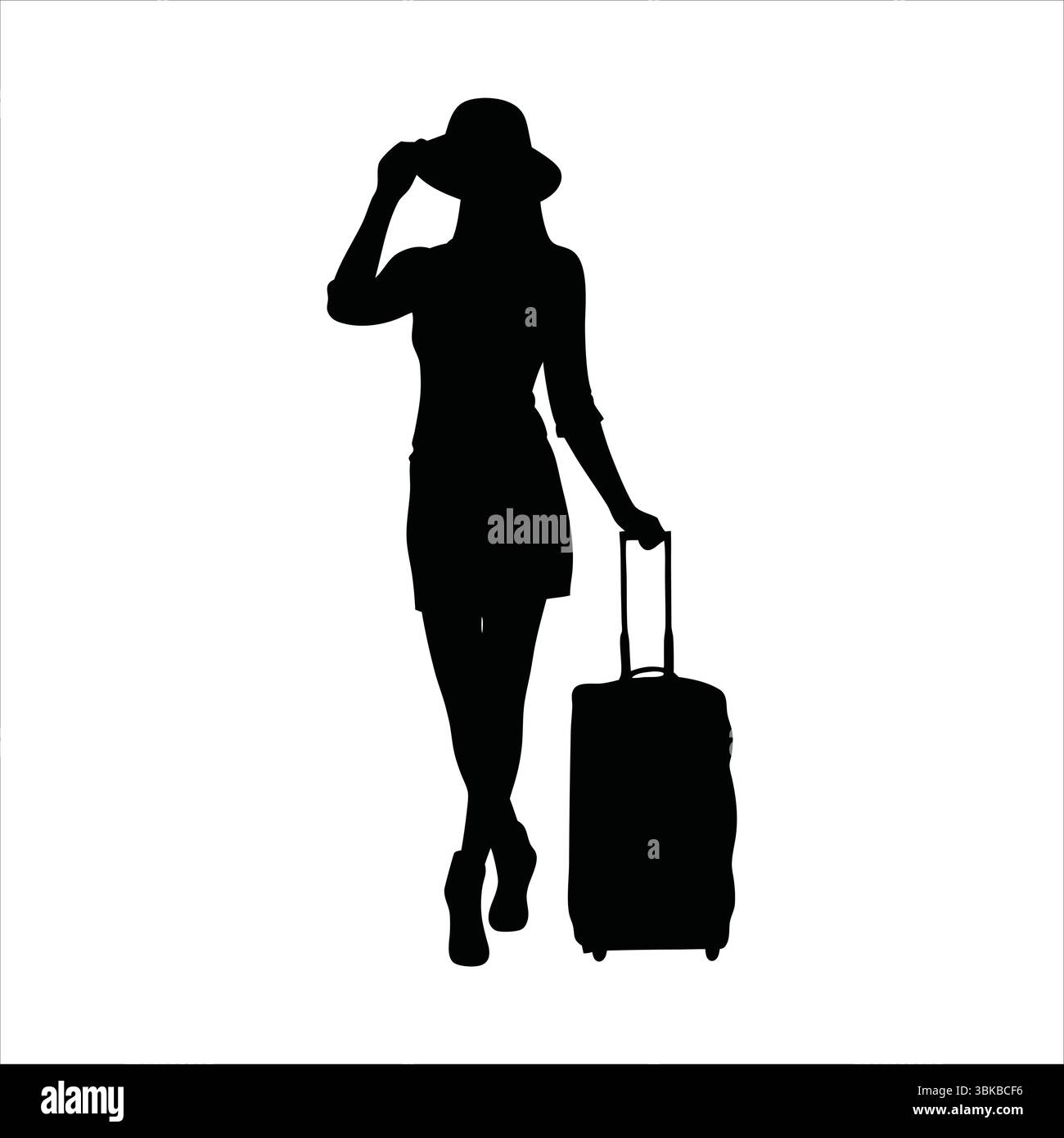 Female Traveler with Luggage Silhouette - Woman Ready for Trip Vector ...