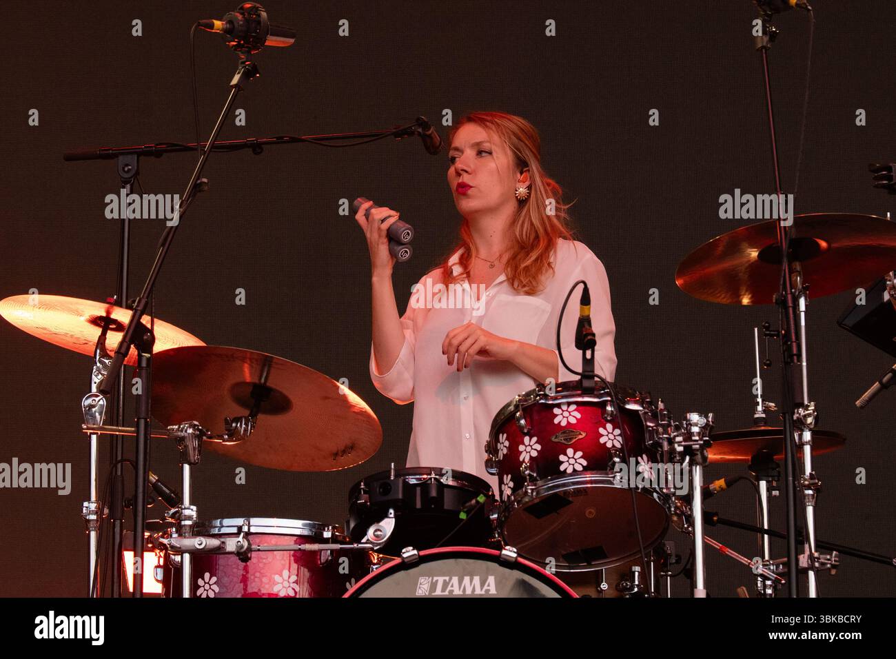 Thetford, UK, 19 June, 2025. James in concert. Pictured left to right ...