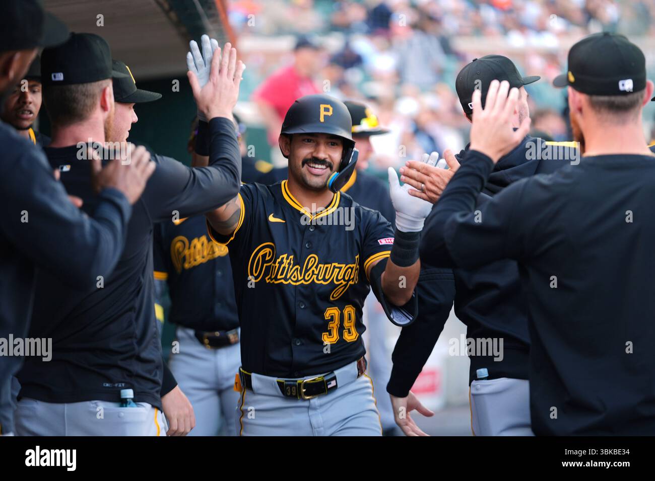 Pittsburgh Pirates' Nick Gonzales (39) celebrates his home run against ...
