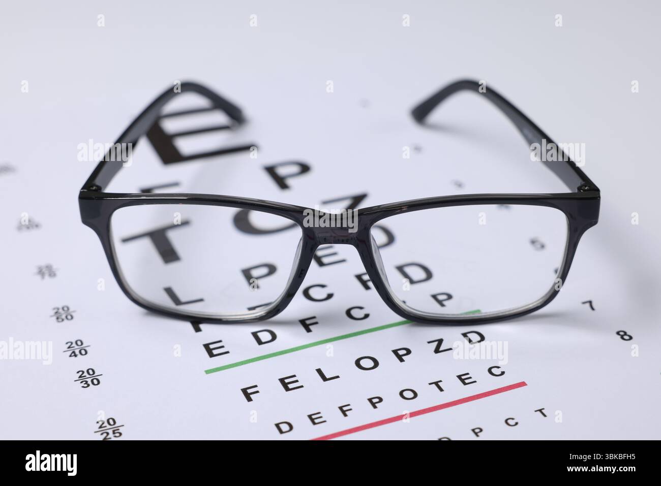 Glasses on vision test chart as background, closeup Stock Photo - Alamy
