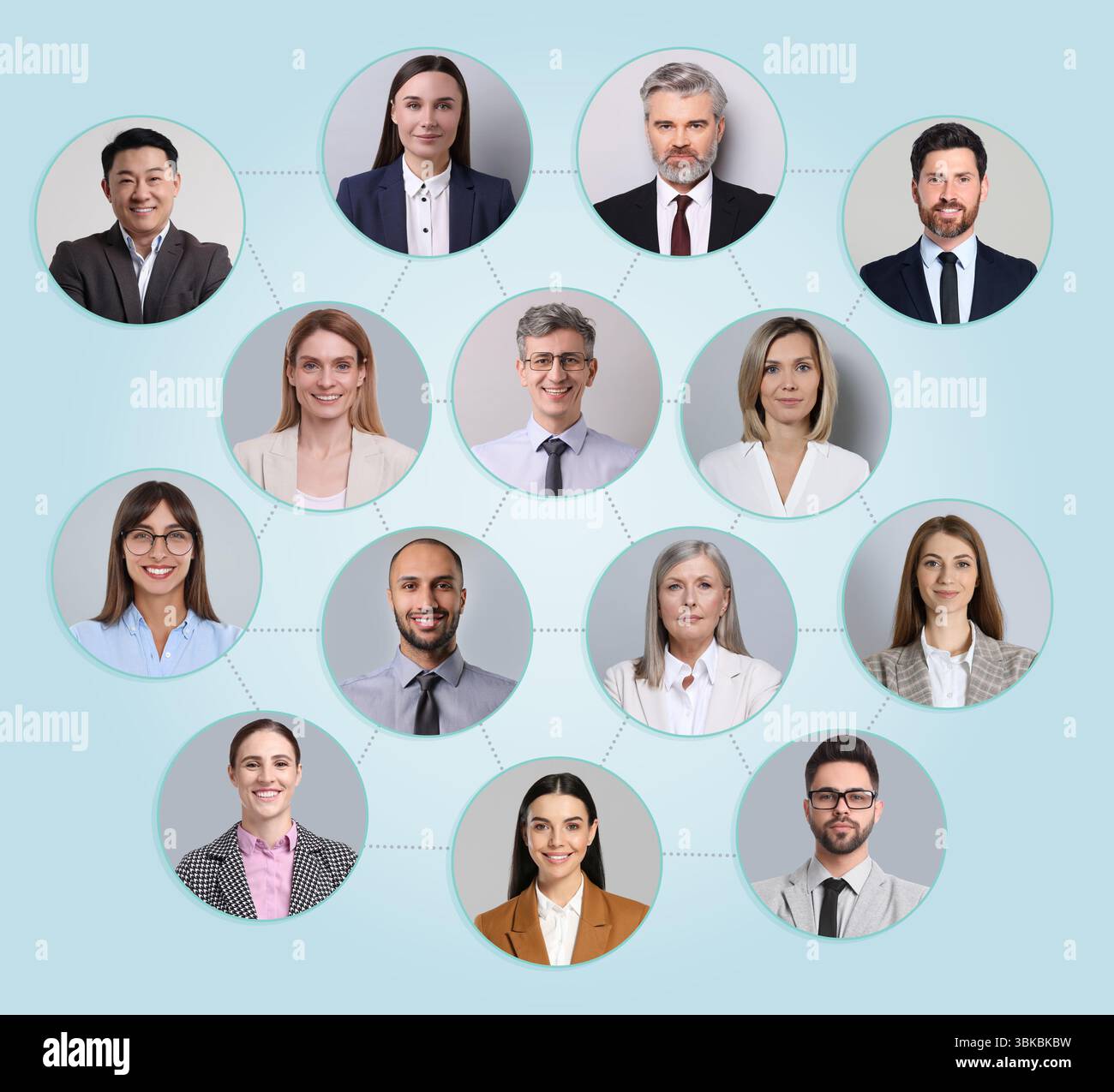 Network: business, communication, team. Circles with portraits of ...