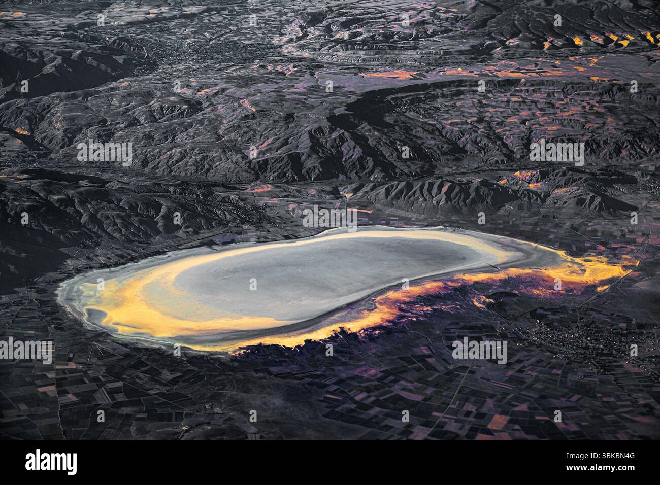 Aerial view of Lake Tuz in central Turkey, showing vivid salt patterns ...