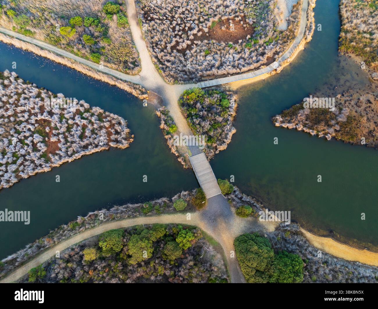 Aerial view of walking tracks and bridges linking islands in an ...