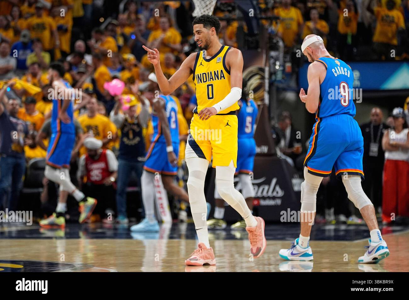 Indiana Pacers guard Tyrese Haliburton (0) points after a basket ...